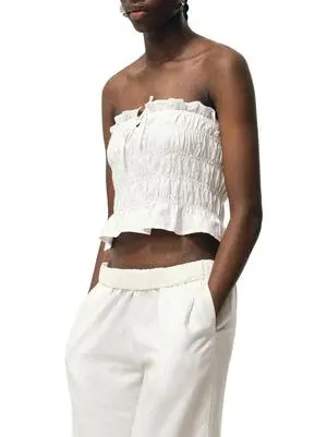 Mango Embroidered Strapless Cotton Top - Off White