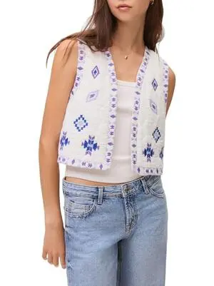 Mango Embroidered Quilted Cotton Crop Vest - Off White