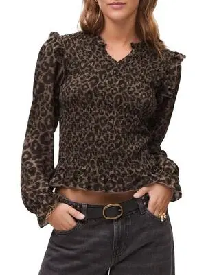 Mango Smocked Leopard Print Top - Brown