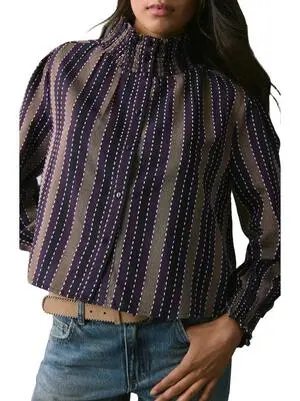 Mango Embroidered Stripe Long Sleeve Button-up Shirt - Purple