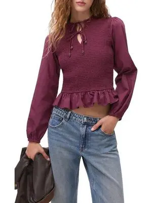 Mango Smocked Tie Neck Cotton Peplum Top - Purple