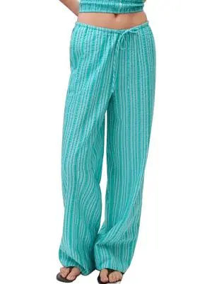 Mango Textured Stripe Cotton Drawstring Pants - Turquoise