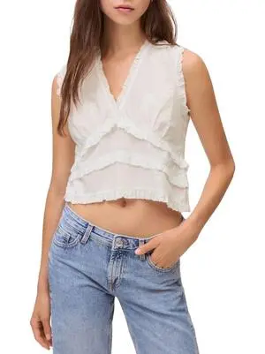 Mango Floral Embroidered Ruffle Sleeveless Crop Top - Off White