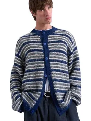 Topman Striped Crewneck Cardigan - Medium Blue