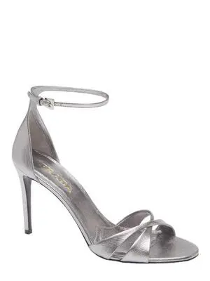 Prada Saffiano Metallic Leather Ankle Strap Sandal - Cromo