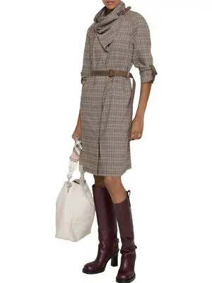 Burberry Check Wool Scarf Collar Belted Dress - Linen Beige/mole Grey