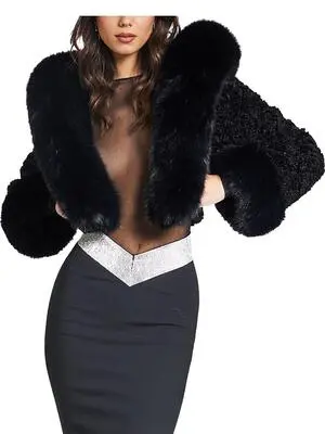 MISS CIRCLE Kali Faux Fur Cropped Jacket With Hood - Black