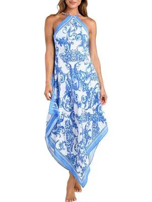 L'Agence Elise Halter Neck Handkerchief Midi Dress - Blue/white