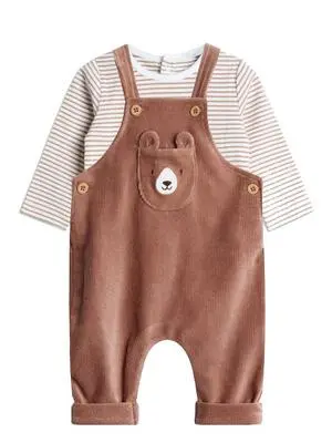 JOJO MAMAN BEBE Stripe Long Sleeve Bodysuit & Bear Appliqué Overalls Set - Brown