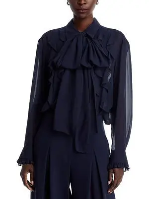 Lafayette 148 New York Neck Tie Ruffle Silk Shirt - Ink