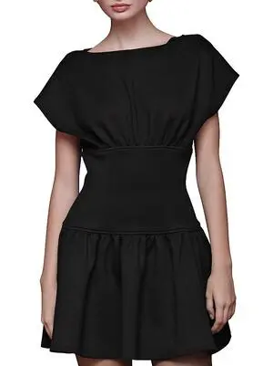 Avec Les Filles Boat Neck Drop Waist Mini Dress - Black