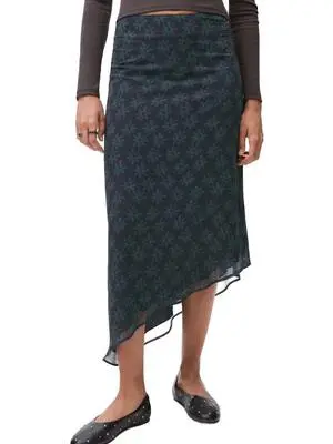 Mango Asymmetric Floral Midi Skirt - Charcoal
