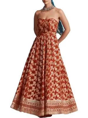 HOLICHIC Amber Metallic Embroidery Strapless Gown - Rust