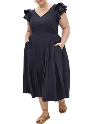 City Chic Ila Flutter Sleeve Midi Dress - Navy