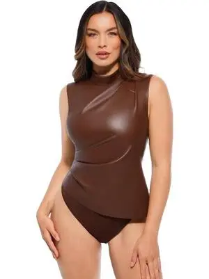 POPILUSH Sculpting 3-in-1 Faux Leather Bodysuit - Saddle Brown