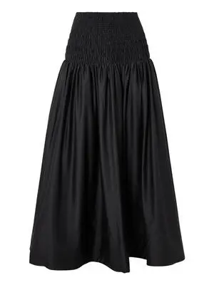 SELF-PORTRAIT Shirred Cotton-sateen Midi Skirt - Black