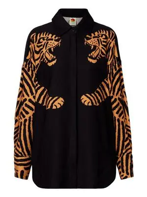 Farm Rio Tiger Print Rayon Shirt - Black