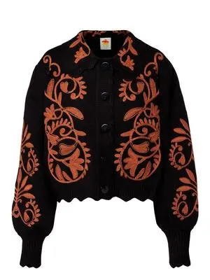 Farm Rio Cornely Ainika Embroidered Scalloped Cardigan - Black