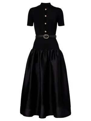 SELF-PORTRAIT Belted Keyhole Cutout Taffeta Midi Dress - Black