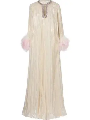 SELF-PORTRAIT Embellished Feather-trimmed Maxi Dress - Beige
