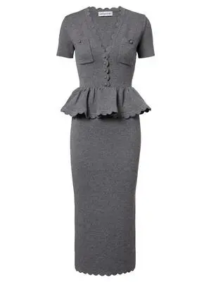 SELF-PORTRAIT Scalloped Peplum Midi Dress - Grey