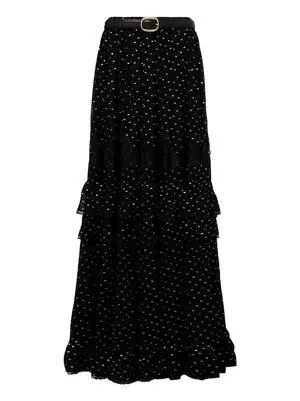 SELF-PORTRAIT Lace-trimmed Polka-dot Chiffon Maxi Skirt - Black