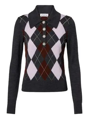 SELF-PORTRAIT Argyle Wool Polo Sweater - Grey
