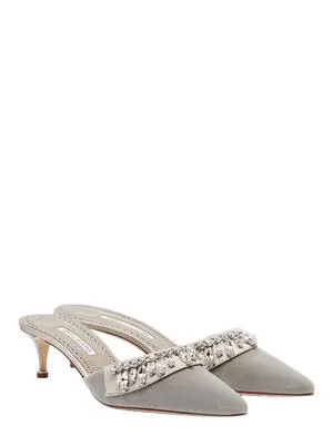 Manolo Blahnik Tulipe 50 Embellished Velvet Mules - Grey