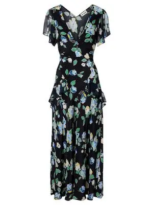Rixo Kimmie Floral Ruffled Silk Midi Dress Multicoloured
