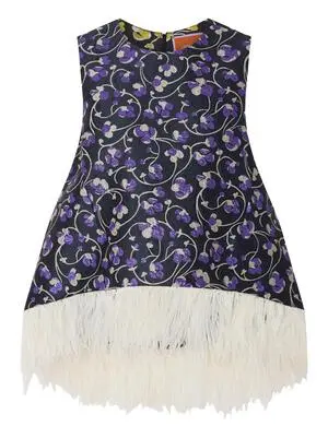 La DoubleJ La Scala Asymmetric Feather-trimmed Metallic Jacquard Top - Purple