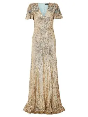 Jenny Packham Manon Embellished Mesh Gown - Blue