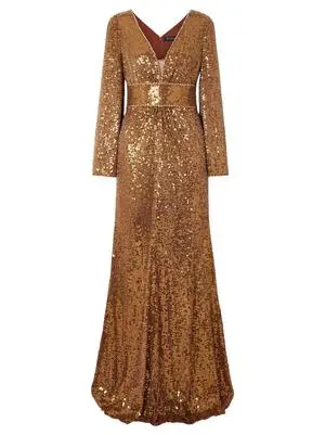 Jenny Packham June Embellished Sequined Mesh Gown - Metallic