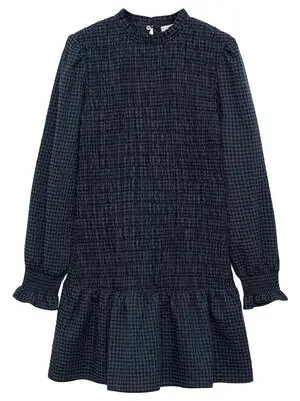 Mango Smocked Plaid Long Sleeve Dress - Blue Black