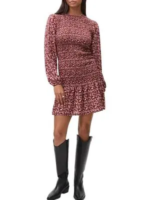Mango Smocked Floral Long Sleeve Dress - Maroon