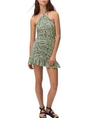 Mango Ruched Halter Printed Dress - Pastel Green