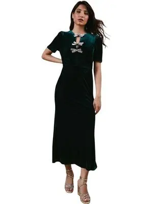 OASIS Velvet Diamante Bow Midaxi Dress - Emerald