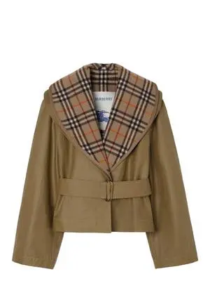 Burberry Cropped Cotton Jacket With Check Warmer - Lichen Beige