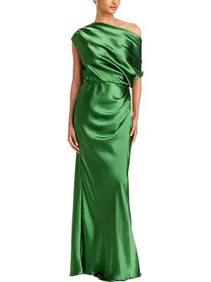 Aqua One Shoulder Draped Gown - Moss