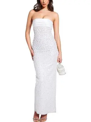MISS CIRCLE Lainey Strapless Sequin Beaded Maxi Dress - White