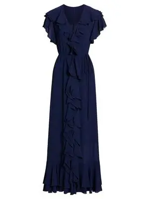 MIKAEL AGHAL Ruffled Crepe De Chine Maxi Dress - Navy