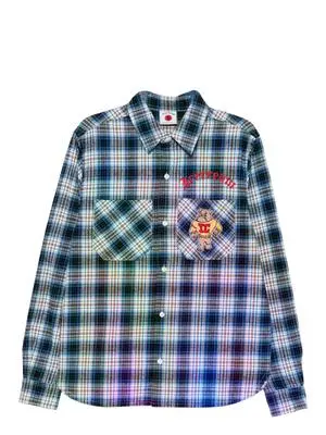 ICECREAM Mascot-embroidered Checked Shirt - Blue