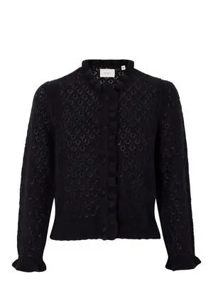 DÔEN Claudie Ruffled Pointelle-knit Alpaca And Wool-blend Cardigan - Black