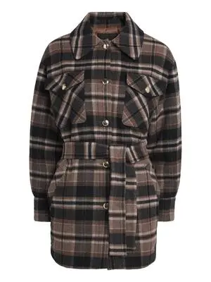 Maje Wool-blend Check Coat - Brown