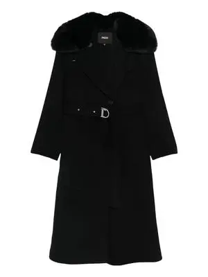 Maje Belted Coat With Faux Fur Collar - Black