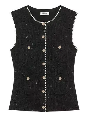 Sandro Pearl-trimmed Tweed Waistcoat - Black