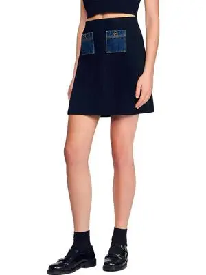 Sandro Ribbed Knit Mini Skirt With Denim Pockets - Blue