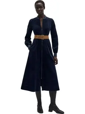 ME+EM Cotton Cord Pleated Midi Dress - Navy