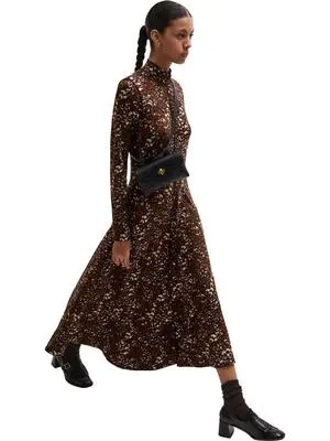 ME+EM Twisting Feather Print High Neck Maxi Dress - Brown Multi