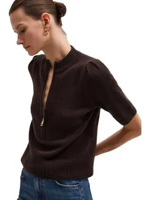 ME+EM Cashmere Zip Neck Knit Top - Ganache Brown