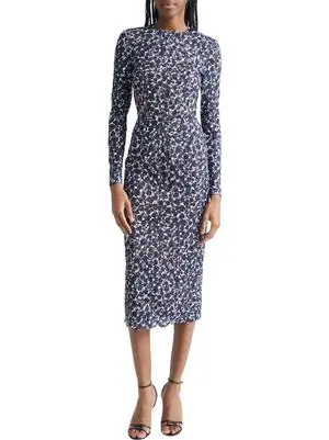 Michael Kors Shadow Floral Lace Long Sleeve Sheath Dress - Midnight/optic White